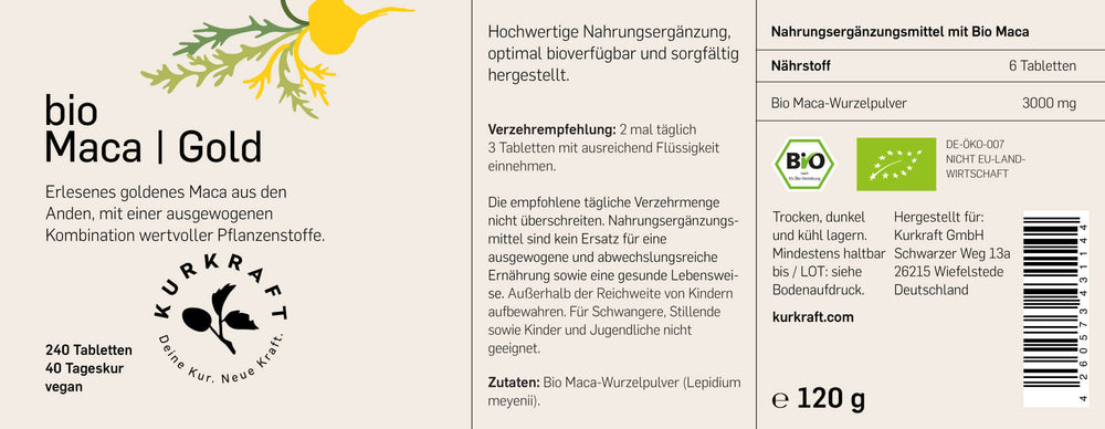 Bio Maca Gold - 240 Tabletten - Vegan - Presslinge aus gelbem Maca ...